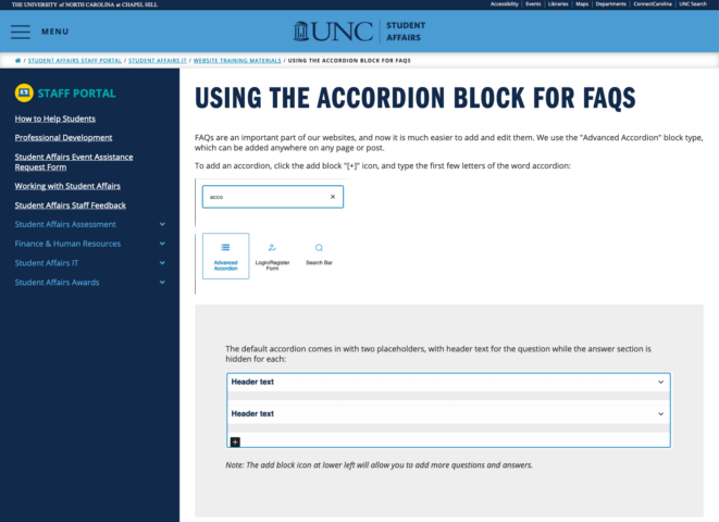 Using the Accordion block for FAQs - UNC Student Affairs